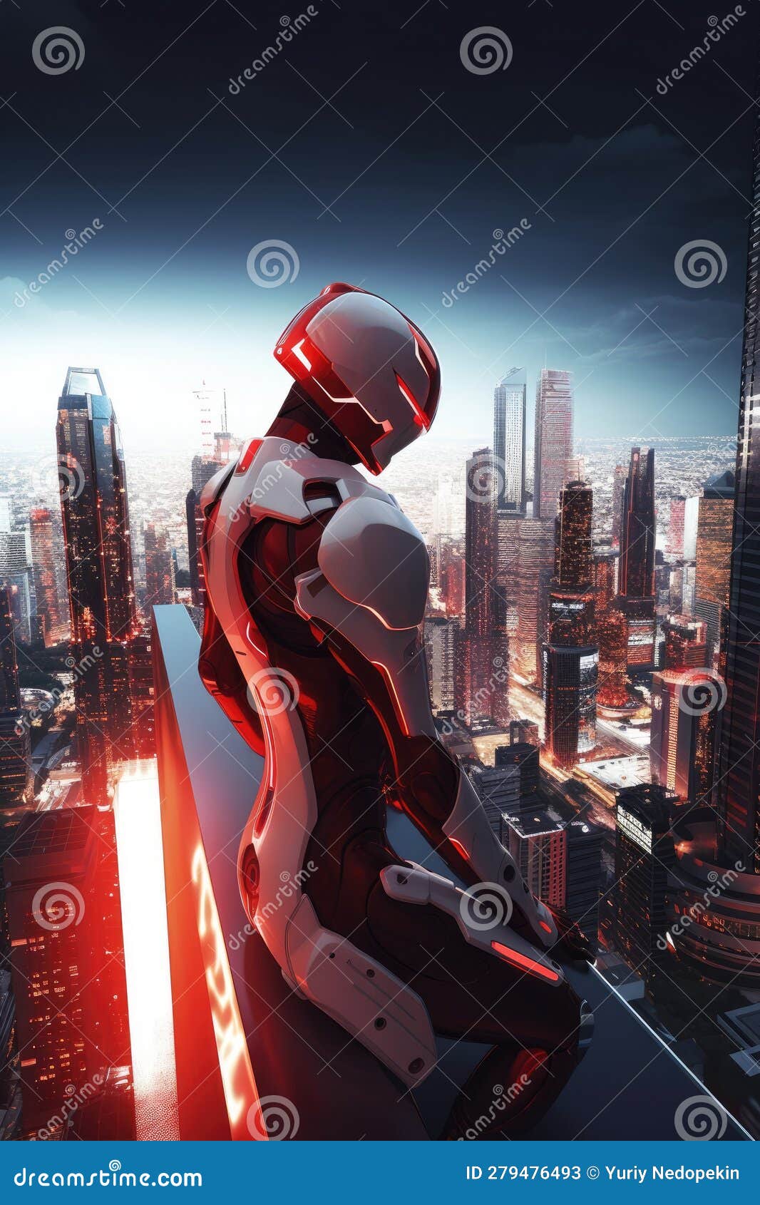 Robot with a Glowing Red Visor in Cityscape, Generative AI Stock ...
