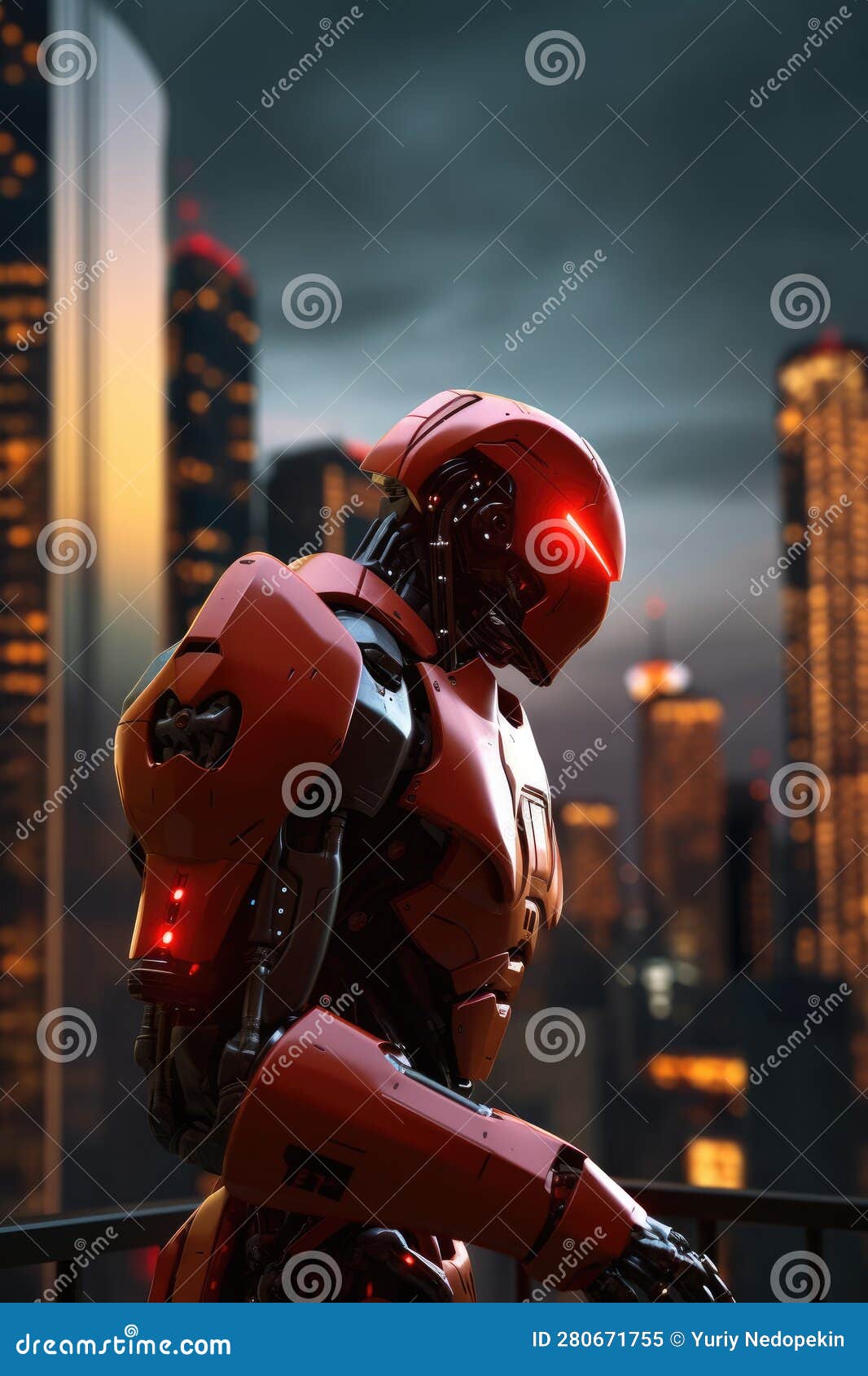 Robot with a Glowing Red Visor in Cityscape, Generative AI Stock ...