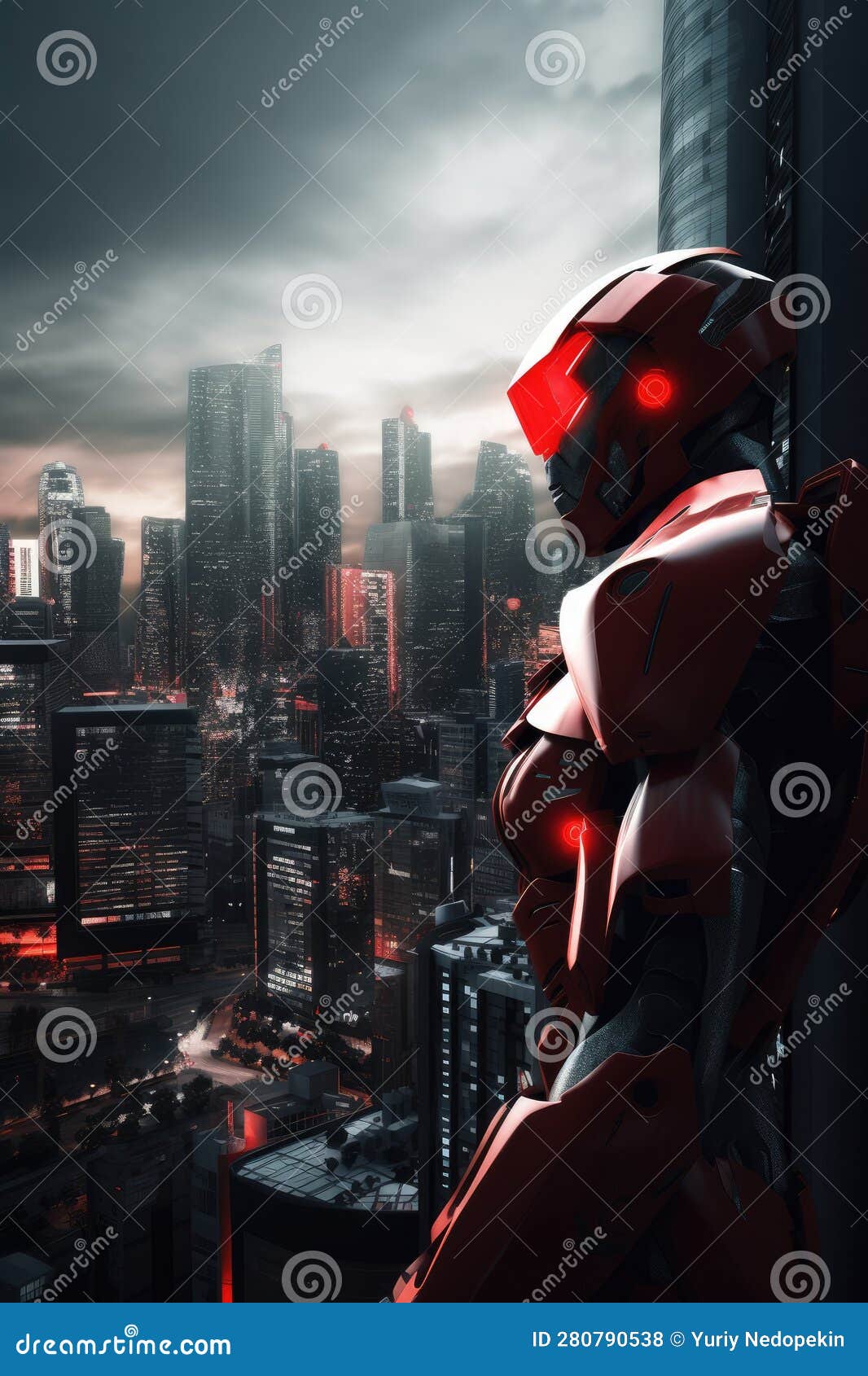 Robot with a Glowing Red Visor in Cityscape, Generative AI Stock ...