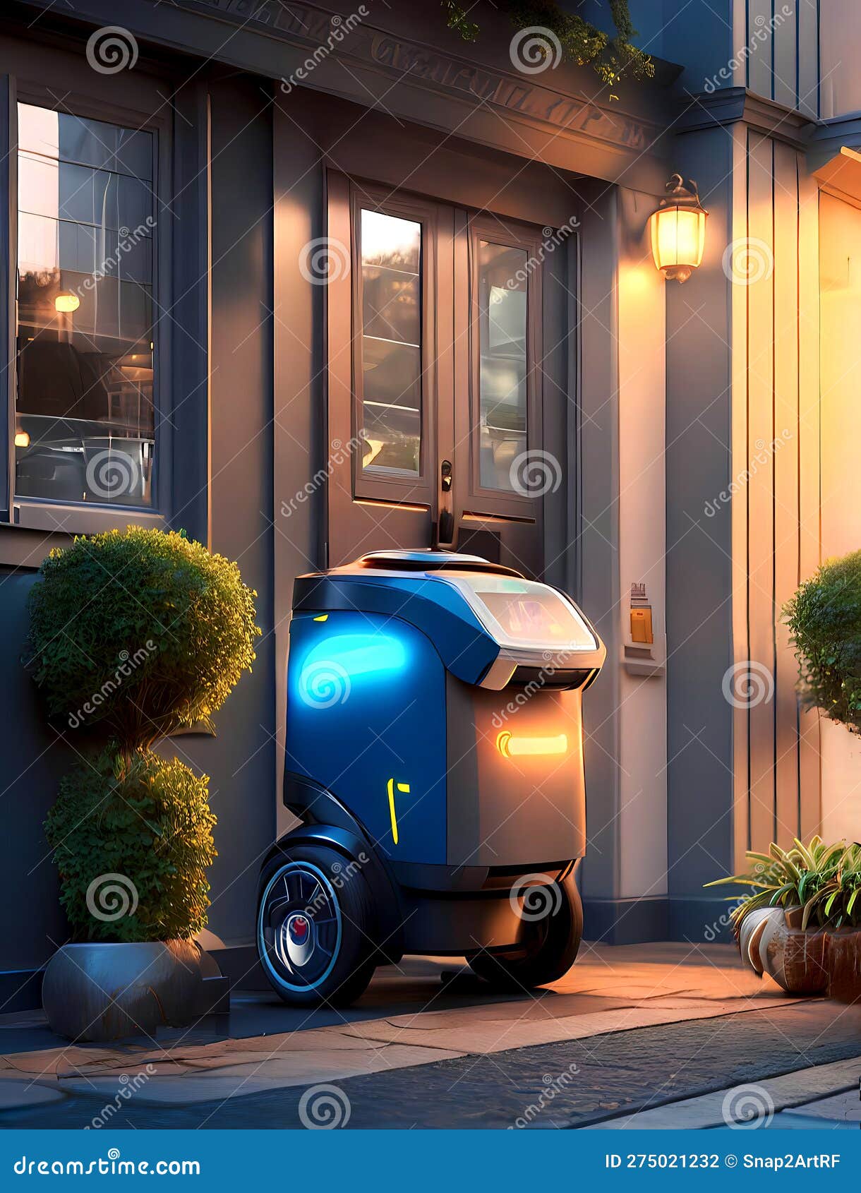 Futuristic Robotic Door-to-Door Package Delivery Robot Making a ...