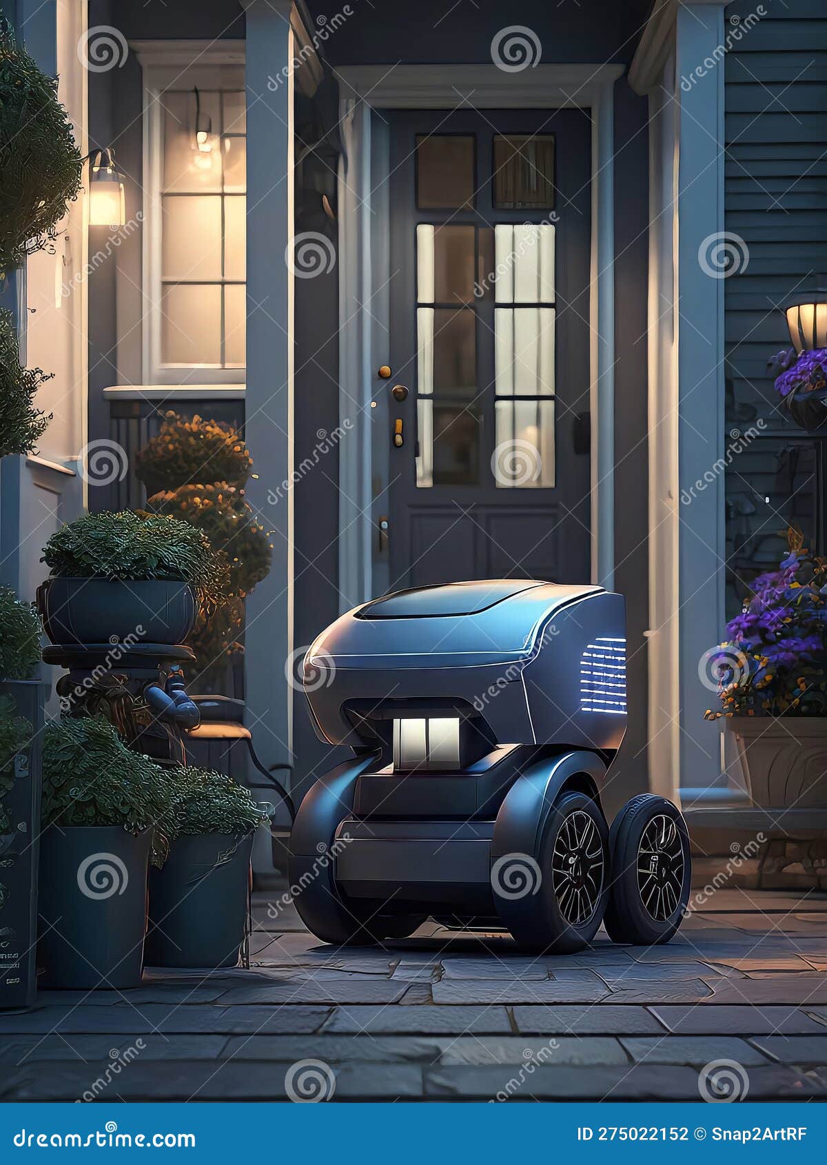 Futuristic Robotic Door-to-Door Package Delivery Robot Making a ...