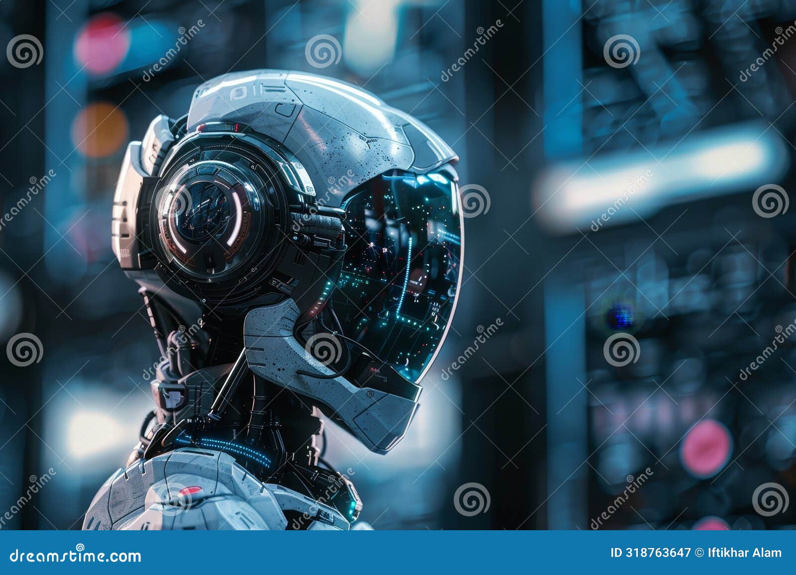 A Futuristic Robotic Engineer Standing in Front of a Wall of Buttons ...