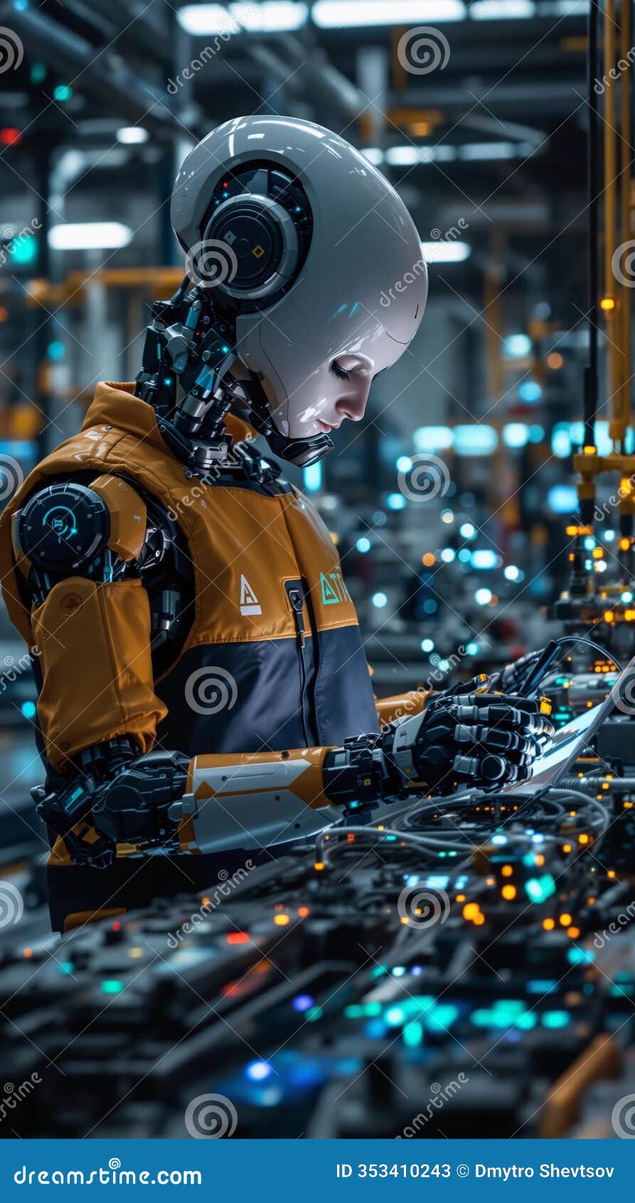 Futuristic Robotic Engineer Working in a Vibrant, High-tech Factory ...