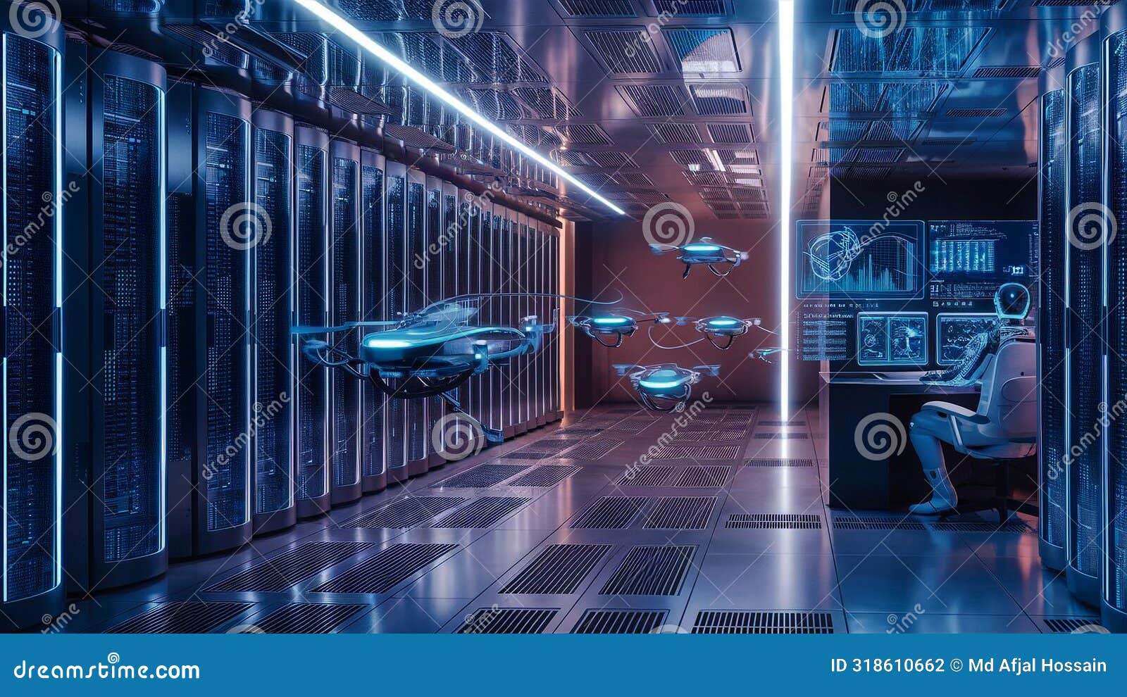 Futuristic Robotic Engineers Operating Advanced Control Systems in a ...