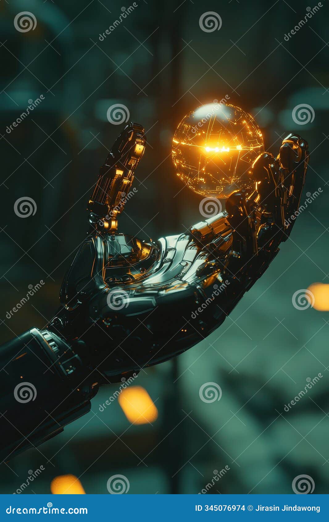 Futuristic Robotic Hand Holding a Glowing Orb with Intricate Patterns ...