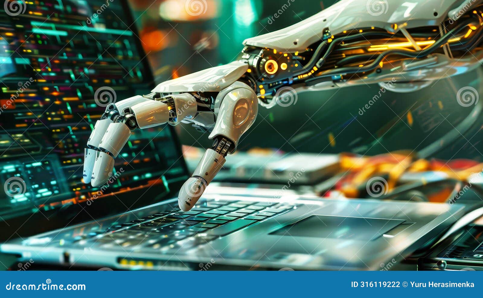 A Futuristic Robotic Hand Interacts With A Laptop, Showcasing The ...