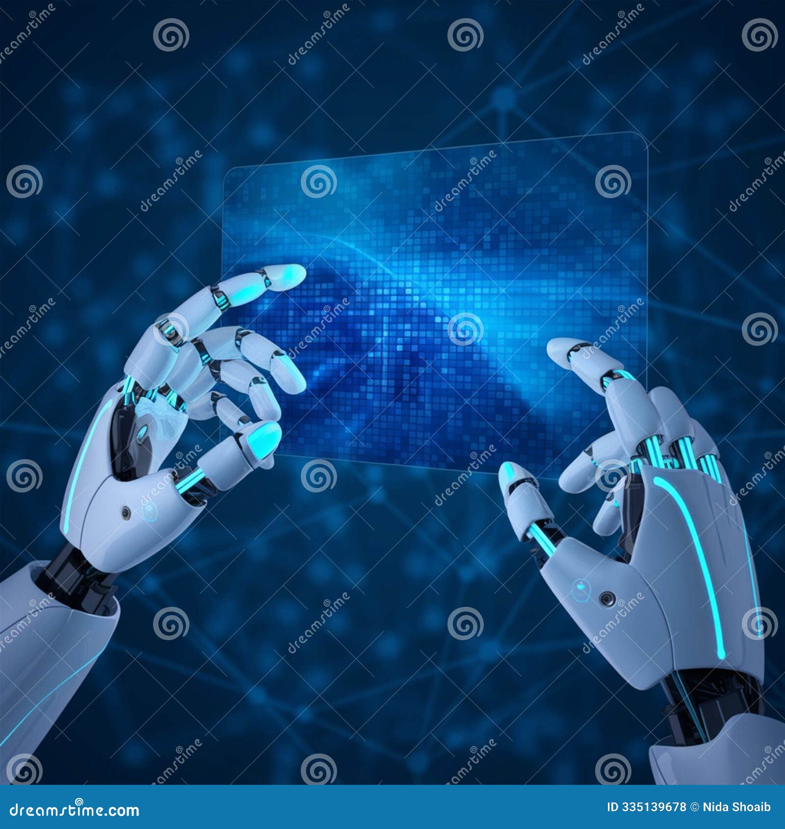 Futuristic Robotic Hands Hold Transparent Screen With Blue Digital ...