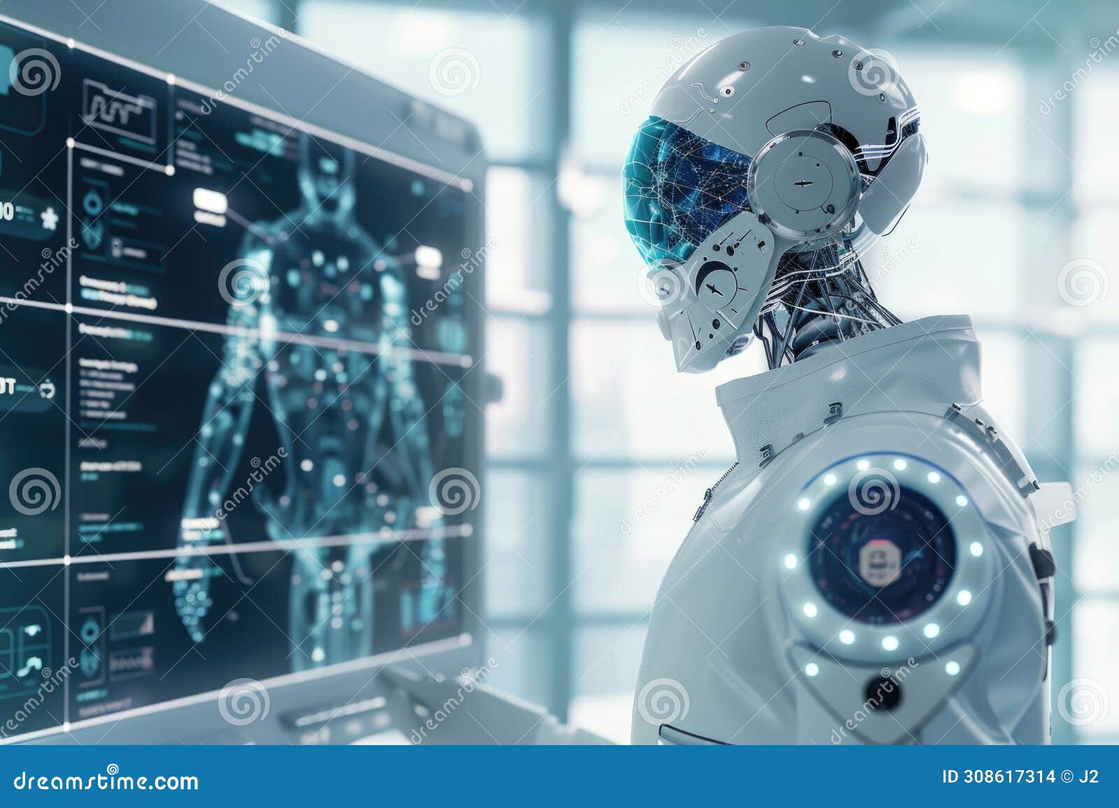 Futuristic Robotic Healthcare Assistant Analyzing Human Anatomy on ...
