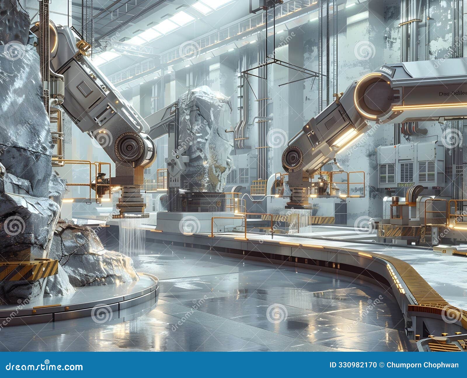 Futuristic Robotic Manufacturing Plant with Granite Waterfall Backdrop ...