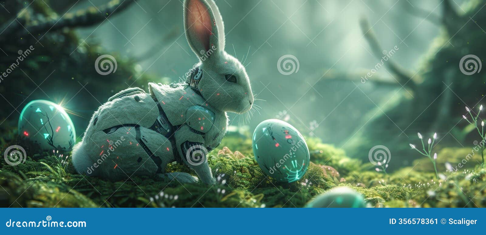 Futuristic Robotic Rabbit in Enchanted Forest Surrounded by Glowing ...