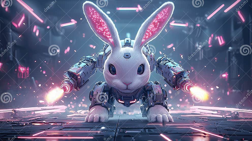 A Futuristic Robotic Rabbit with Glowing Elements in a High-tech ...