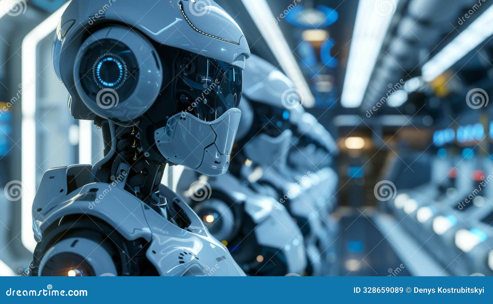 Futuristic Robotic Sentry in High-Tech Facility Stock Illustration ...