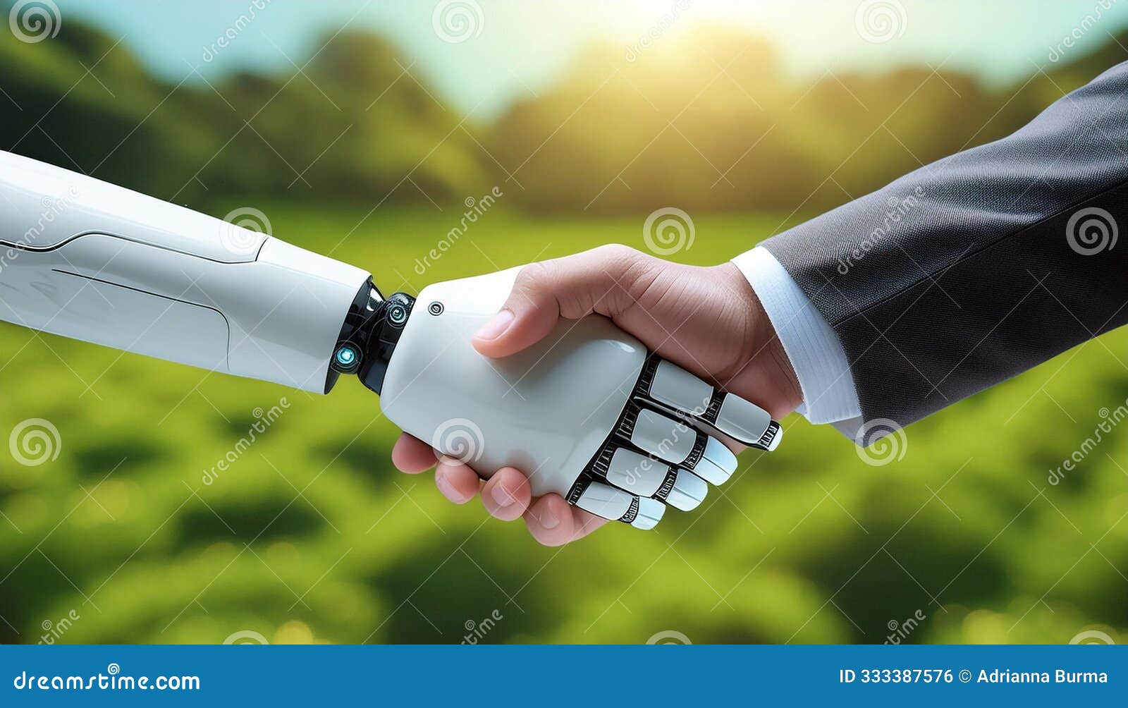 A Robot and Human Shaking Hands Outdoors with Soft Focus Background ...
