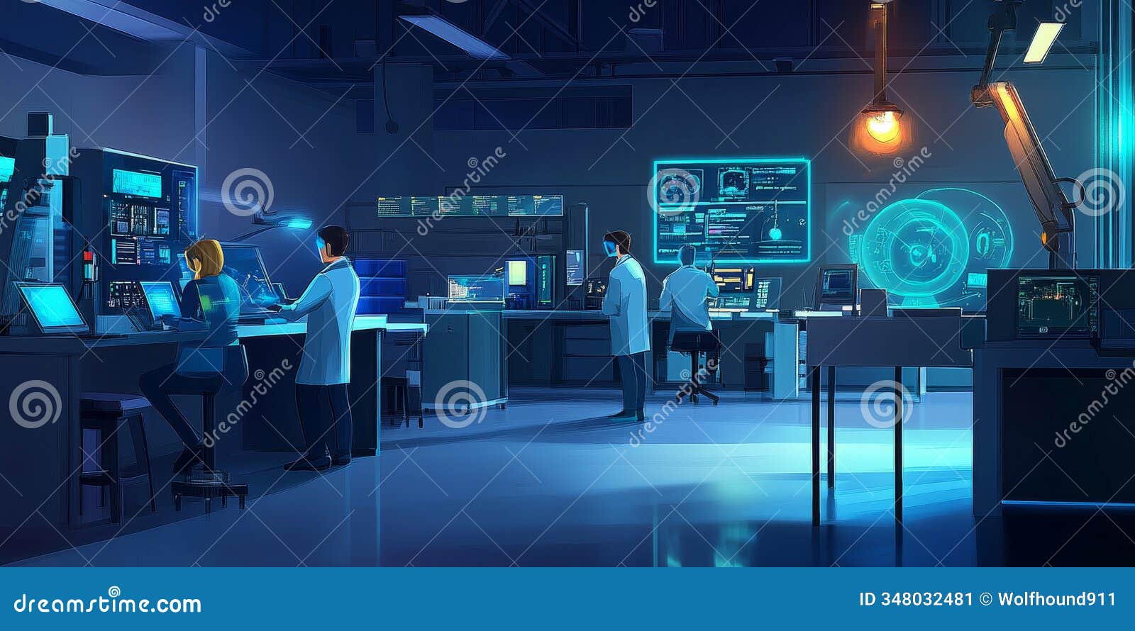 A Futuristic Robotics Lab with Advanced AI Machines, Glowing Holograms ...