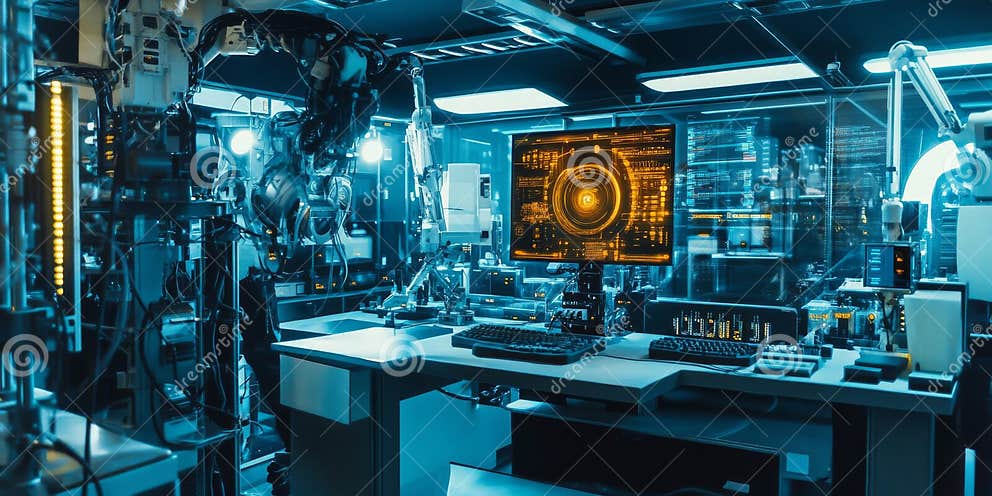 A Futuristic Robotics Lab with Advanced Machines, Glowing Interfaces ...