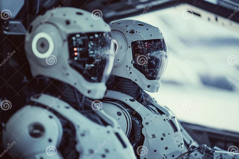 Futuristic Robots with Advanced Technology Inside a Spacecraft Cockpit ...
