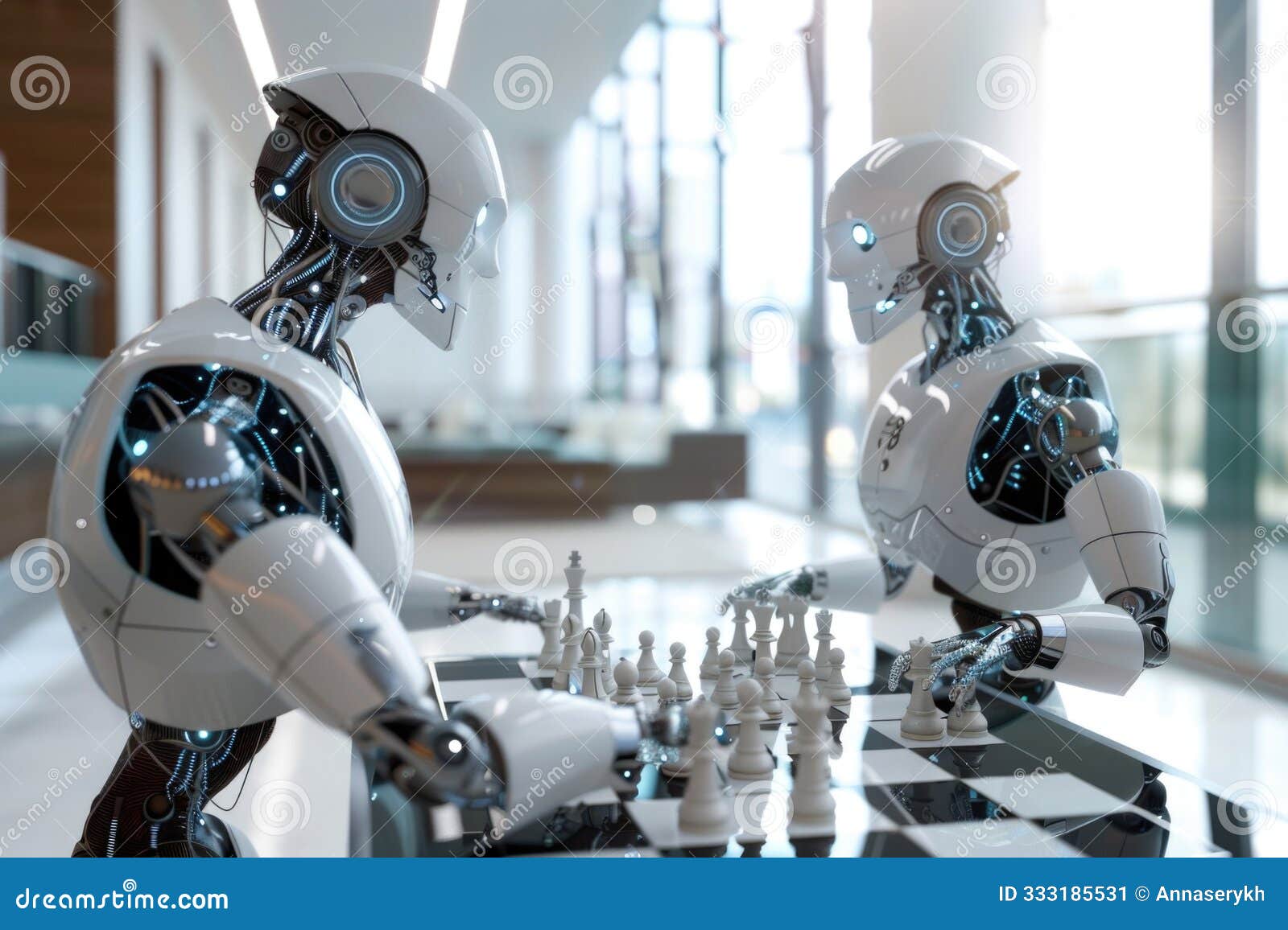 Futuristic Robots Playing Chess in Modern Bright Interior - AI Strategy ...