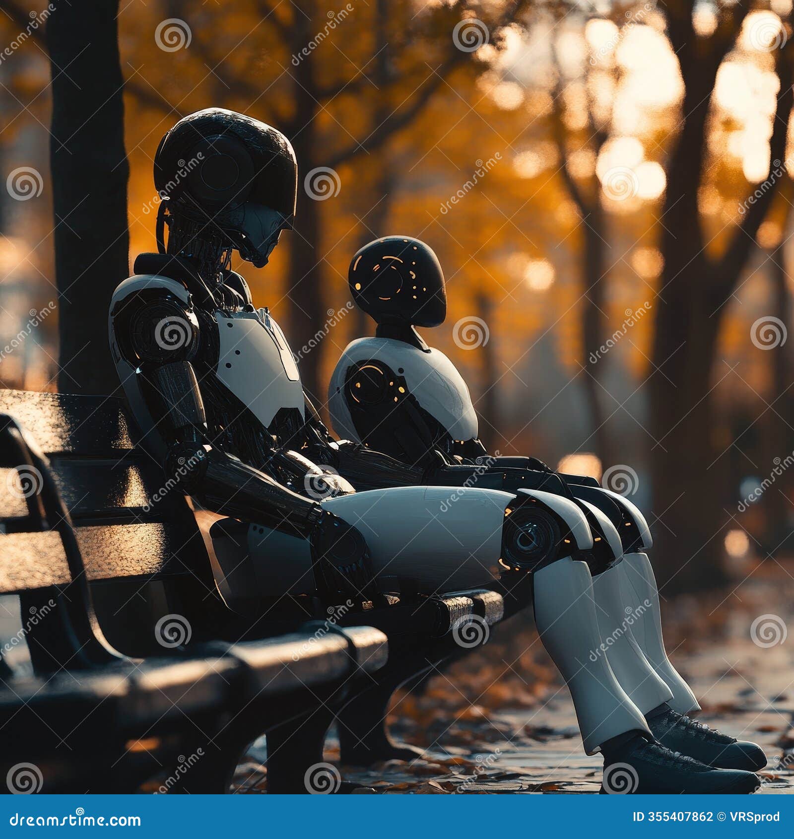 Futuristic Robots Sitting Quietly on a Park Bench in Fall Stock Photo ...