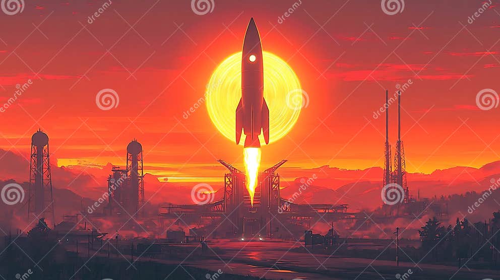 Futuristic Rocket Launch Complex in Holographic Glow Against Dramatic ...