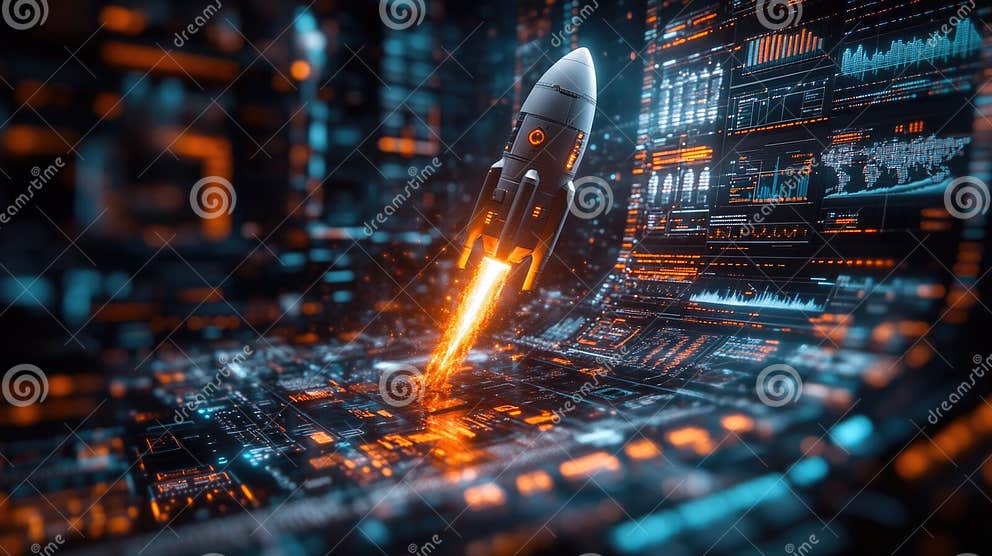 Futuristic Rocket Launch in Digital Space with Data Interface ...