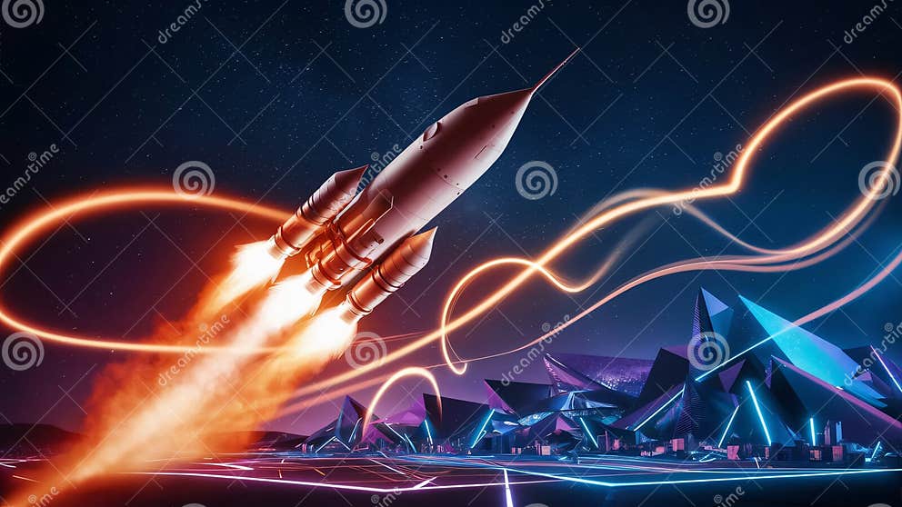 Futuristic Rocket Launch, Neon Cityscape Background High Quality Image ...