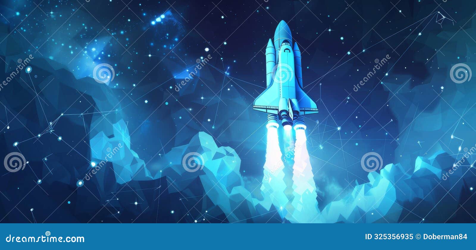 Futuristic Rocket Launch in Outer Space with Glowing Stars and Blue ...