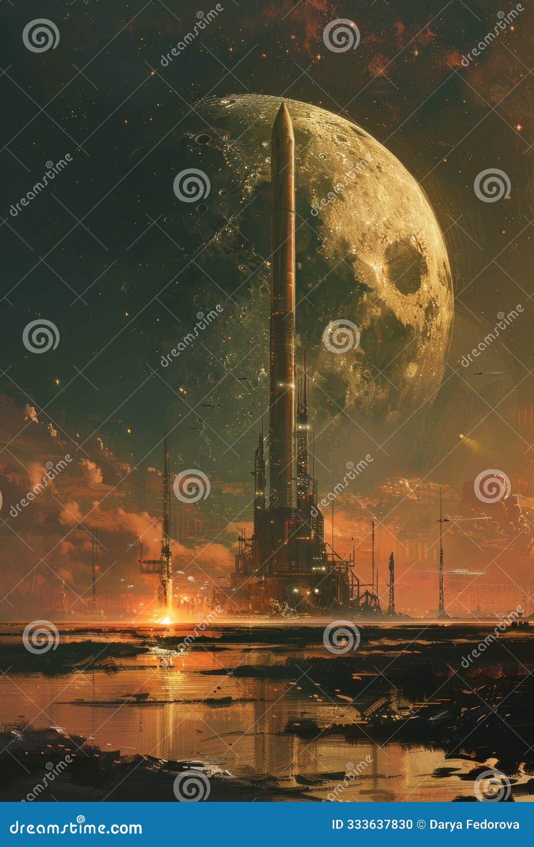 Futuristic Rocket Launch Station with Moon Backdrop and Sci-Fi ...