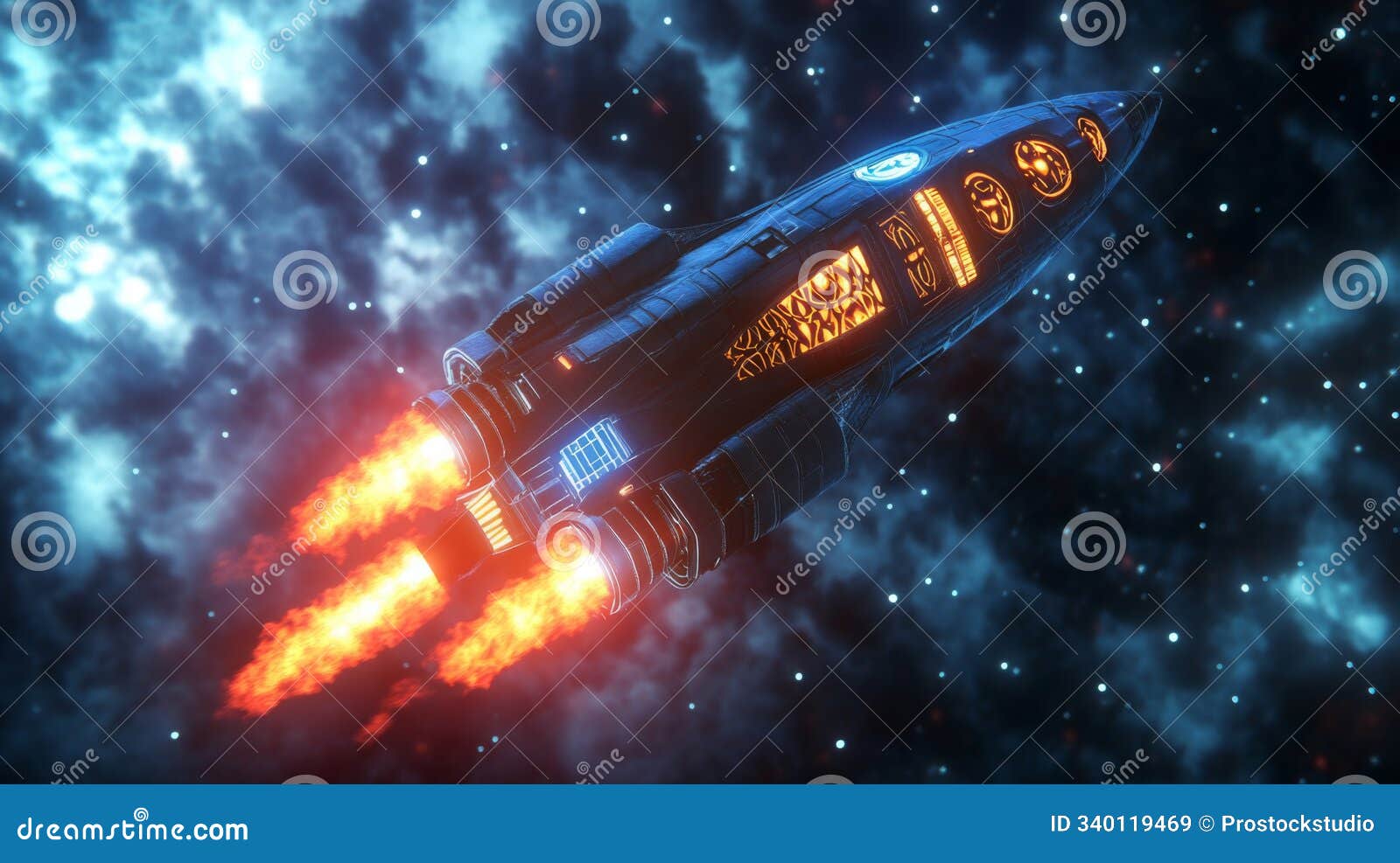 A Futuristic Rocket Launches Into Deep Space With Vibrant Flames ...