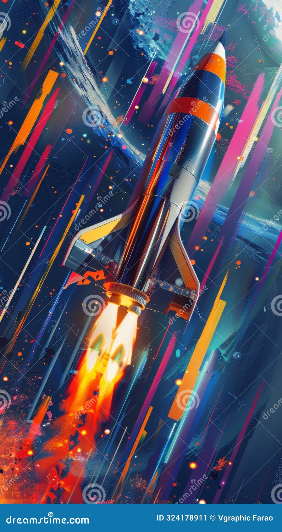 Futuristic Rocket Launching into Space, Colorful Neon Digital Art ...