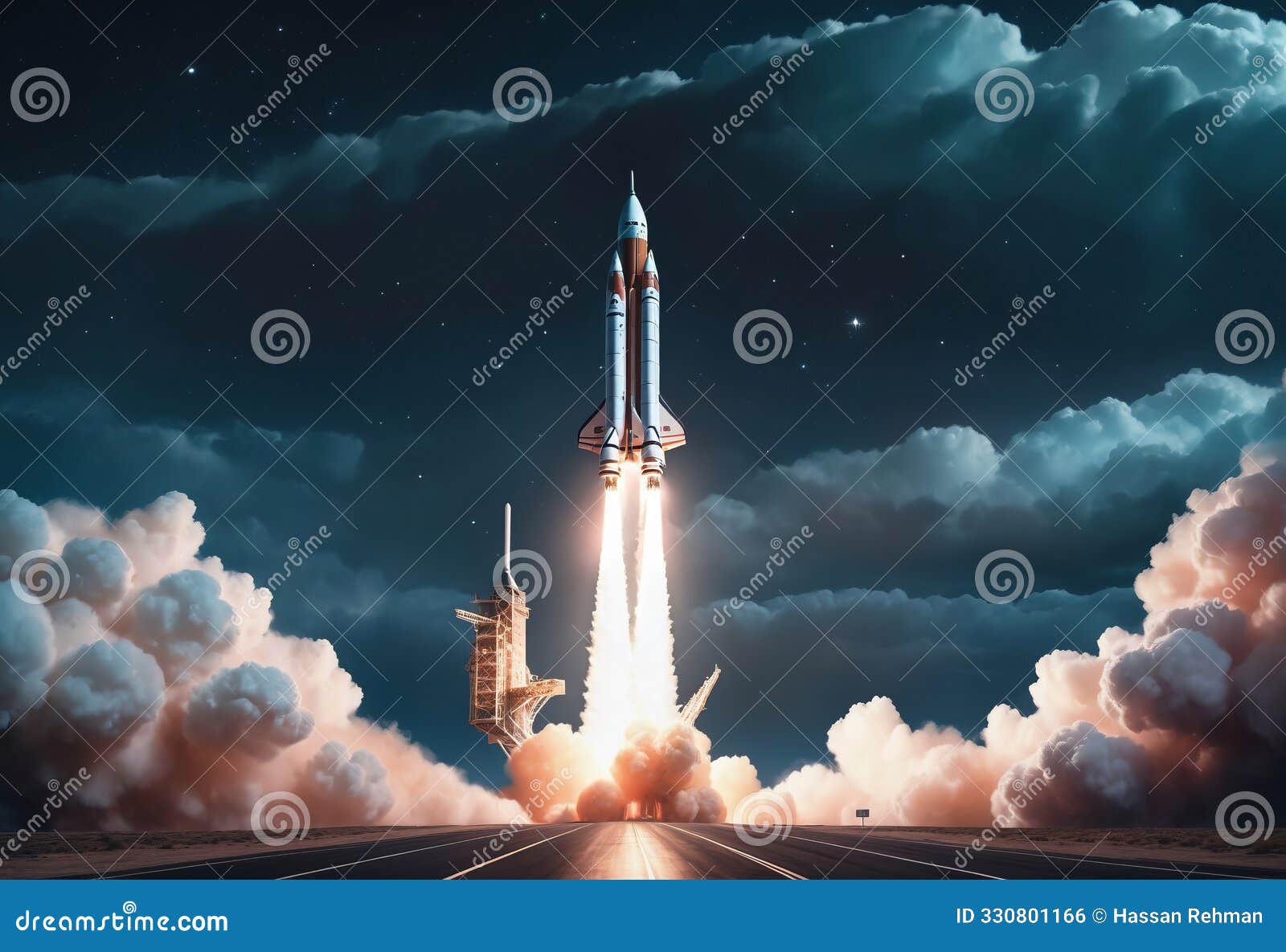 A Futuristic Rocket Ship Blasting Off into a Cloudy Night Sky Stock ...