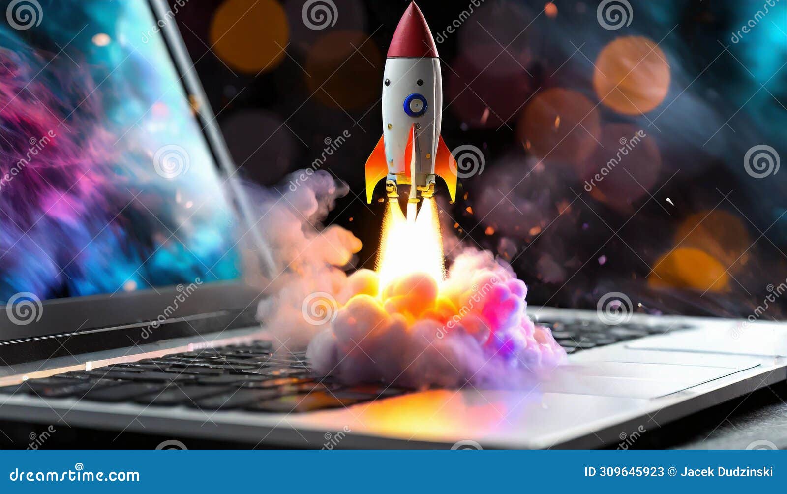 Futuristic Rocket Ship Take Off Launching from Sleek Silver Laptop ...