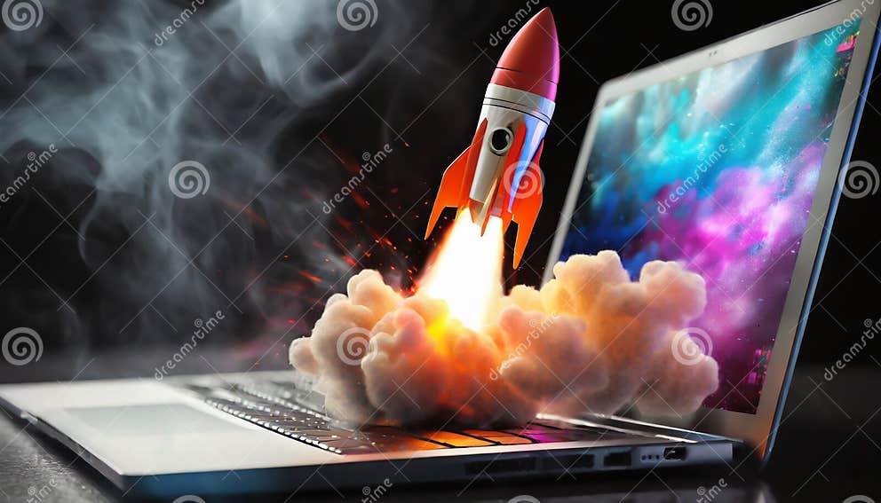 Futuristic Rocket Ship Take Off Launching from Sleek Silver Laptop ...