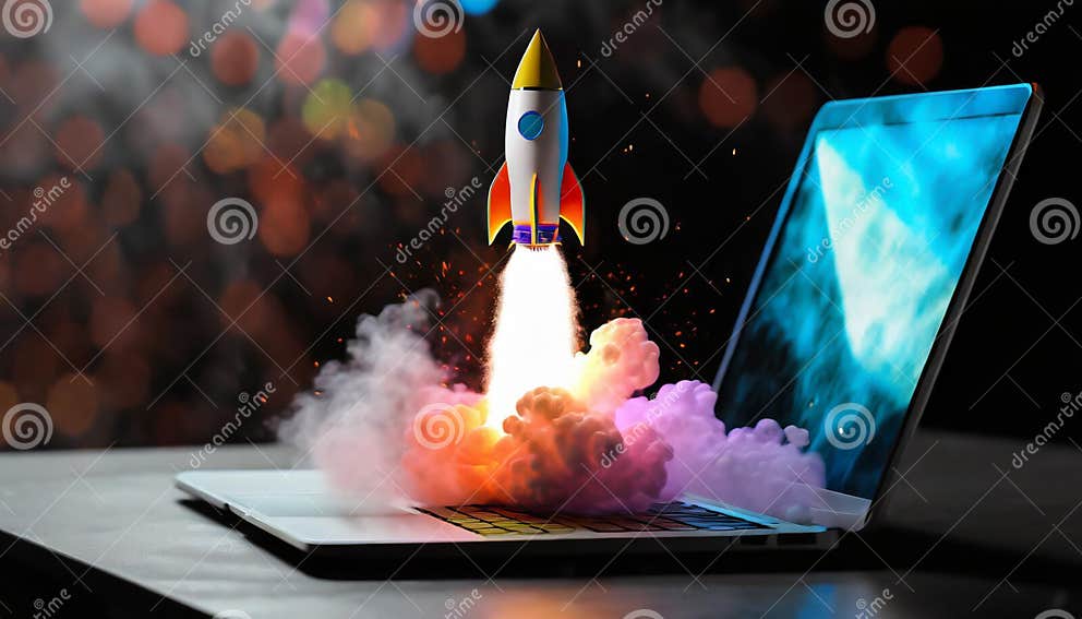 Futuristic Rocket Ship Take Off Launching from Sleek Silver Laptop ...