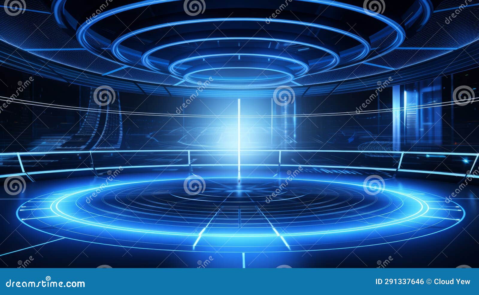 Futuristic Room with Blue Lights and a Circular Floor Stock ...
