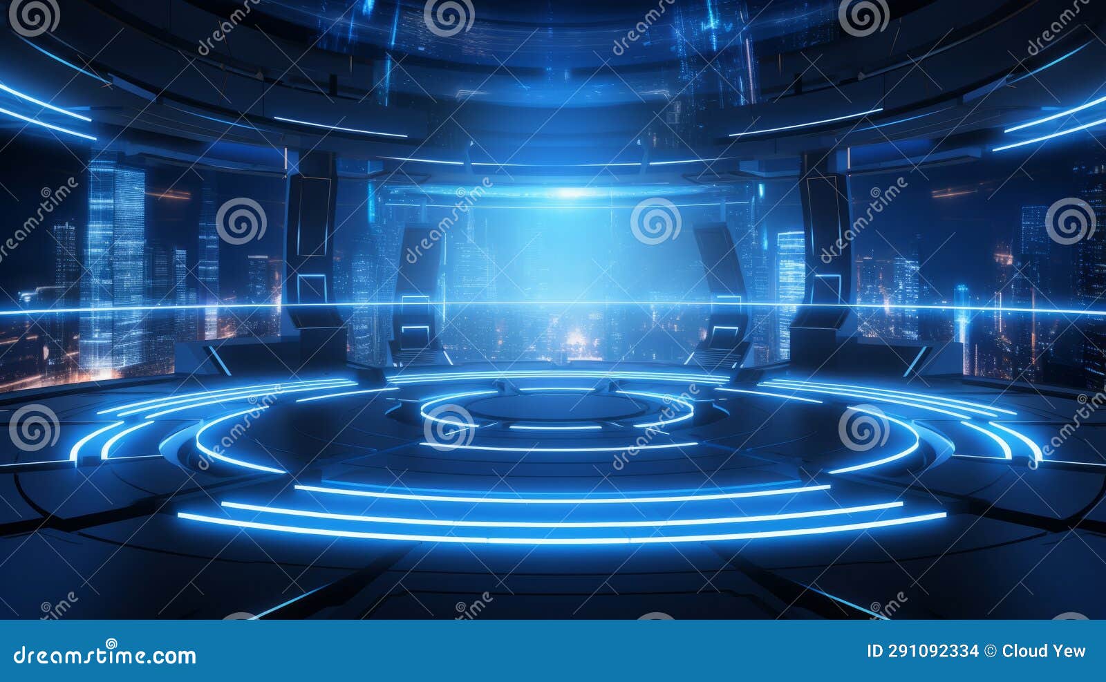 Futuristic Room with Chairs and Neon Lights Stock Illustration ...
