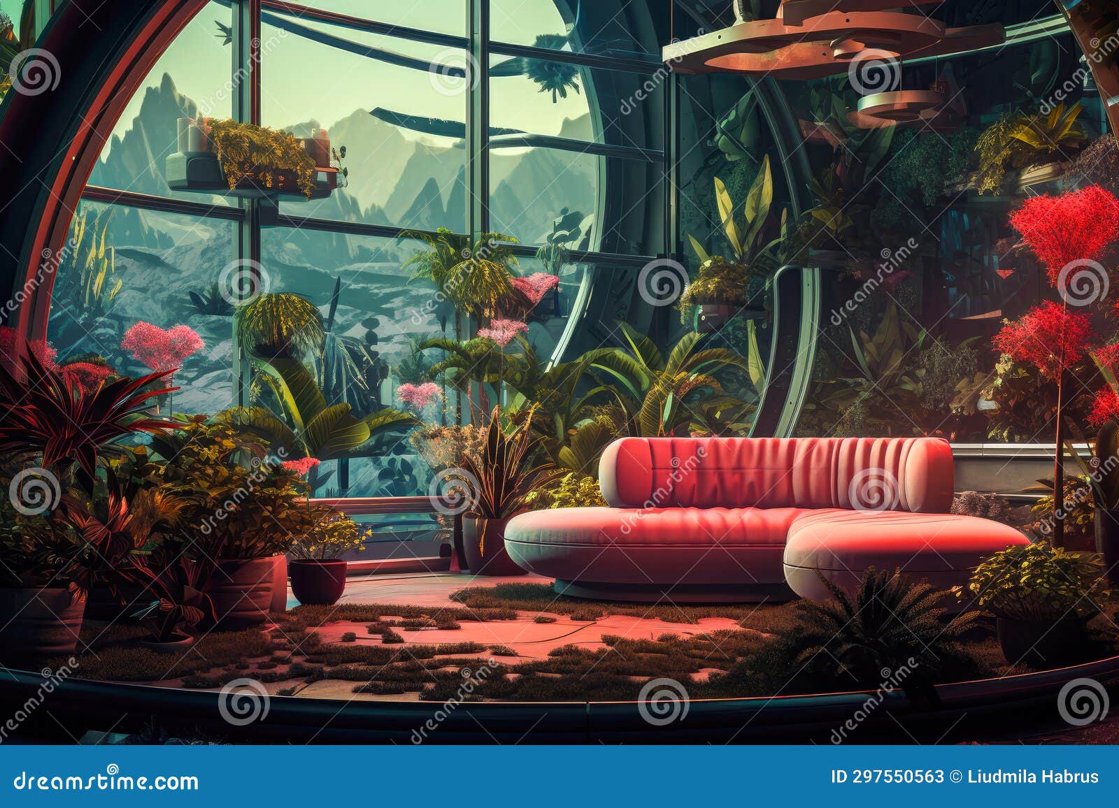 Futuristic Room in the Mountains with Tropical Plants Stock ...