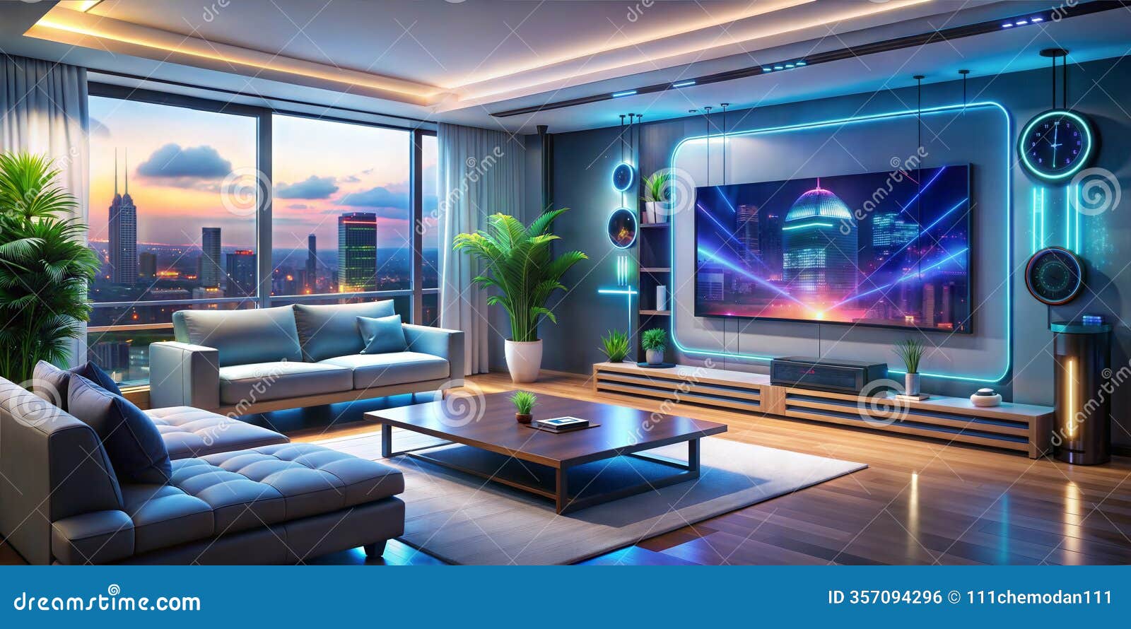Futuristic Room with Neon Lighting, Sofa, and Large TV Screen Stock ...