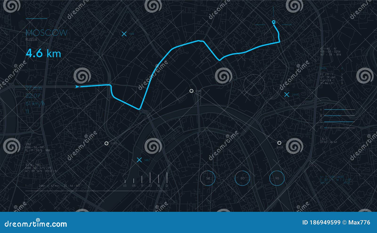 Futuristic Route Dashboard GPS Tracking Map, Navigate Mapping ...