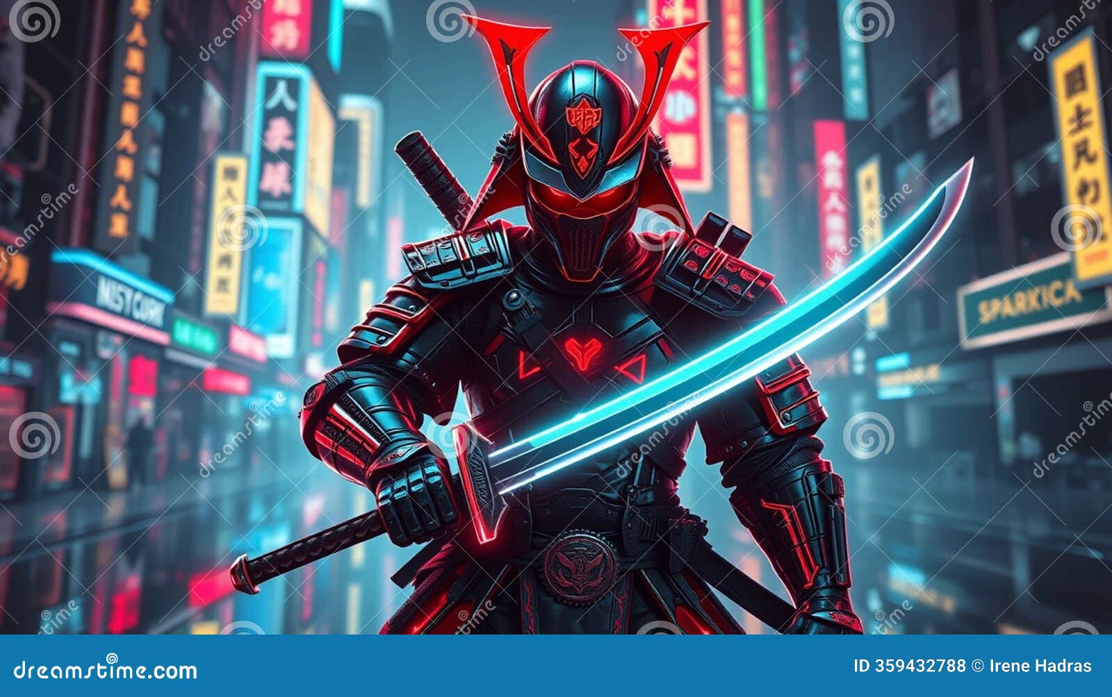 A Futuristic Samurai Warrior Clad In Glowing Armor. Cartoon Vector ...