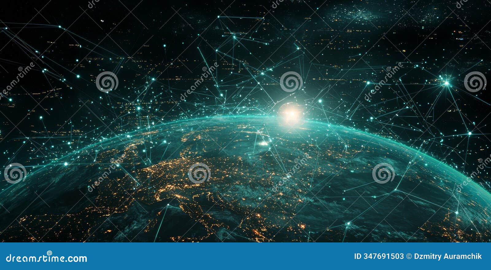 A Futuristic Satellite and an Abstract Global Network Layout. Digital ...