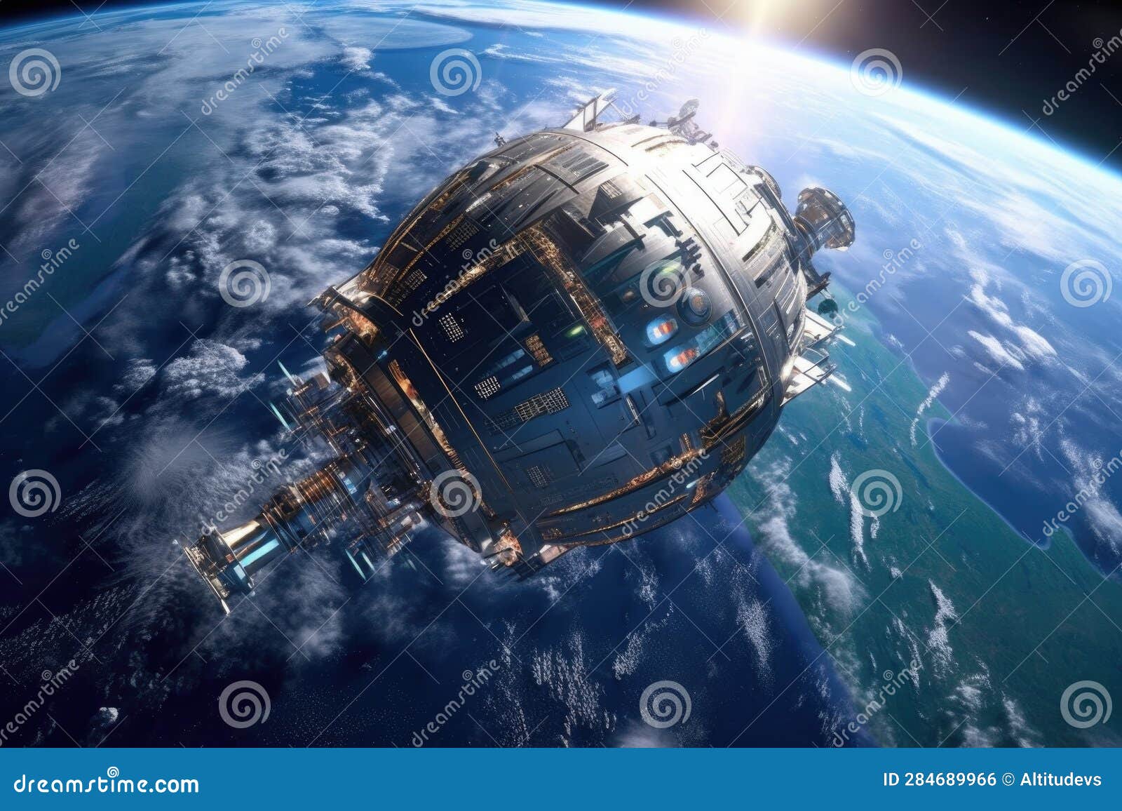 Futuristic Satellite Orbiting Earth in Space Stock Illustration ...