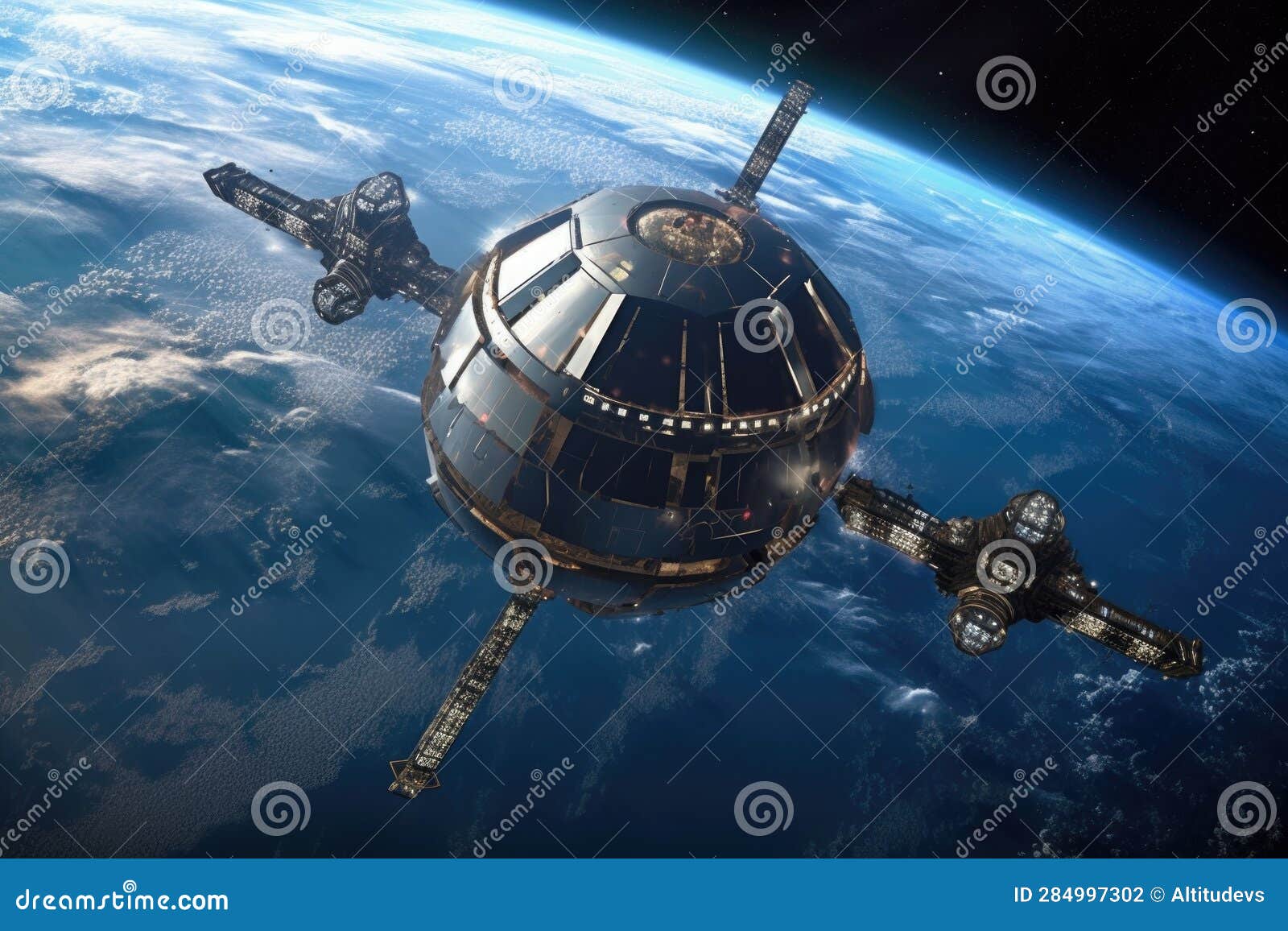 Futuristic Satellite Orbiting Earth in Space Stock Illustration ...