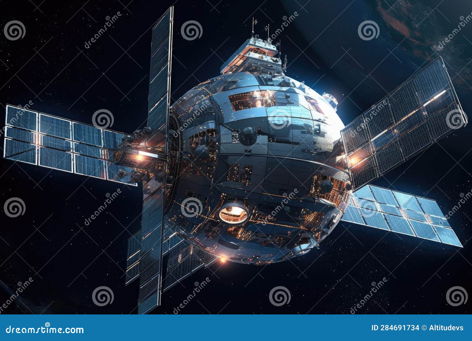 Futuristic Satellite with Solar Panels in Orbit Stock Illustration ...