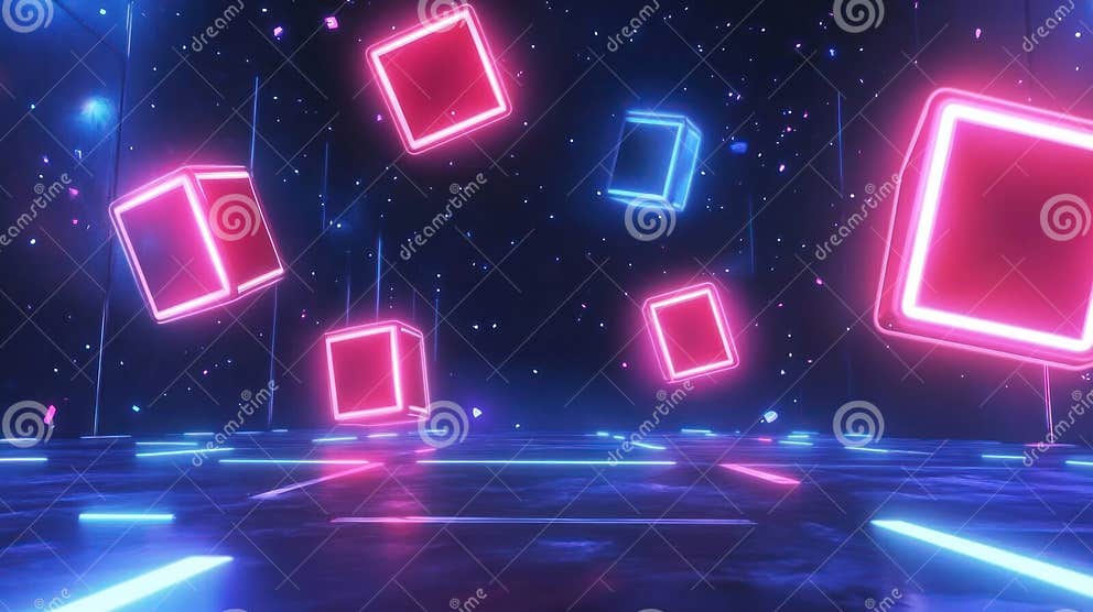 A Futuristic Scene Featuring Floating Neon Cubes in a Dark, Starry ...