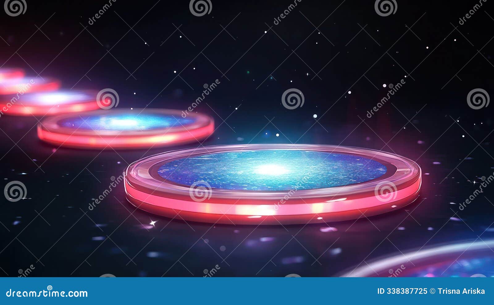 A Futuristic Scene Featuring Glowing Circular Platforms with Cosmic ...