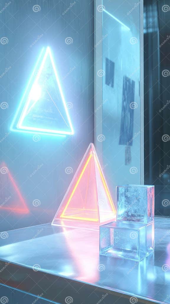 A Futuristic Scene Featuring Glowing Triangular Shapes and Ice Cubes on ...