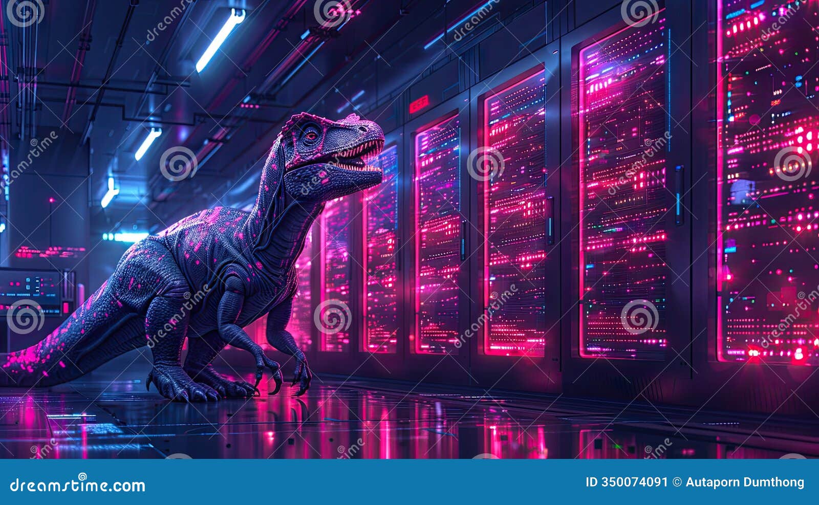 A Futuristic Scene Featuring a Robotic Dinosaur Amidst Glowing Neon ...