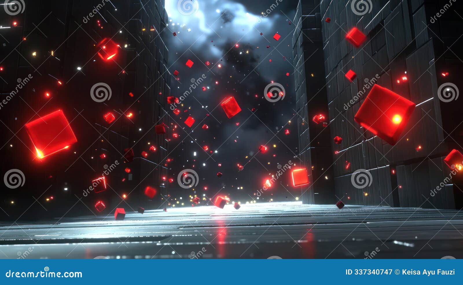 A Futuristic Scene with Floating Red Cubes in a Dark, Atmospheric ...