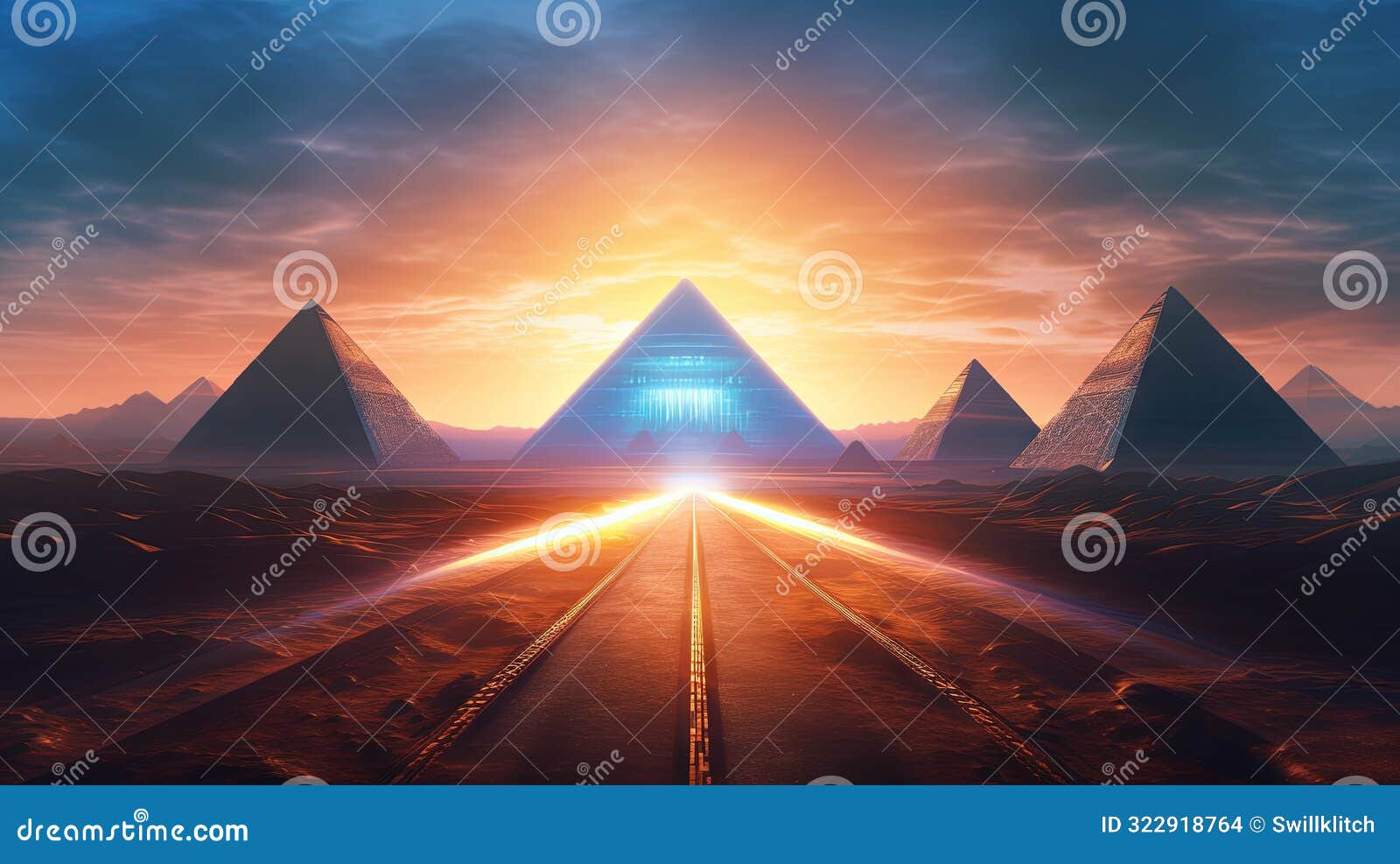 A Futuristic Scene with Pyramids and a Neon Light Pathway, Blending ...