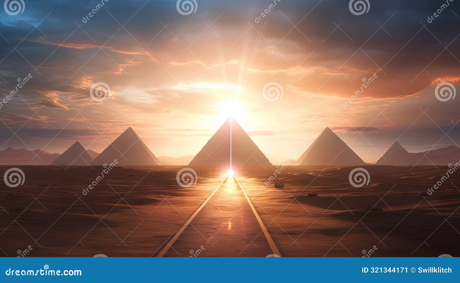 A Futuristic Scene with Pyramids and a Neon Light Pathway, Blending ...